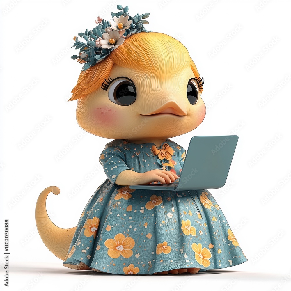 Cute Chick with Laptop: A whimsical and adorable 3D rendering of a ...