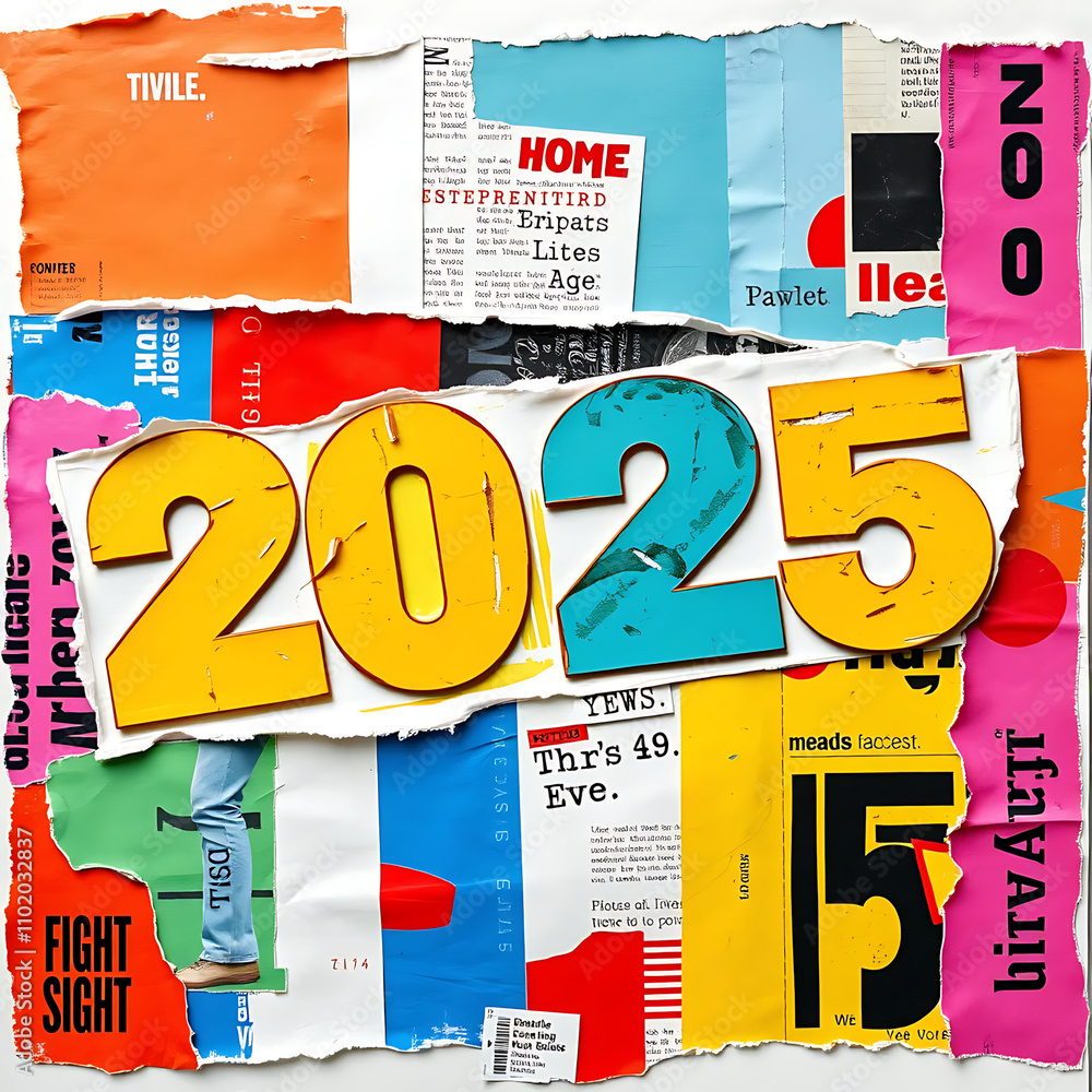 2025' created with torn paper layers of vibrant textures, combining ...