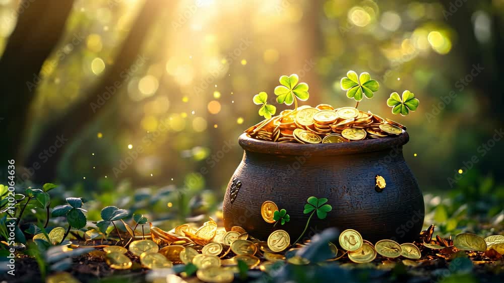 A pot of gold surrounded by clovers under sun rays, representing Irish ...