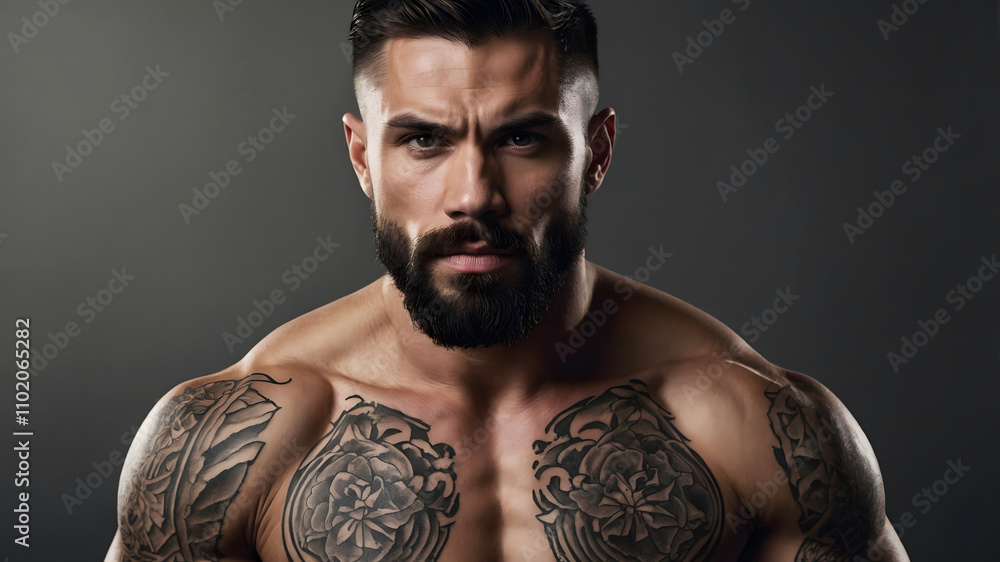 An aggressive posture and expressions of a muscular man with heavily ...
