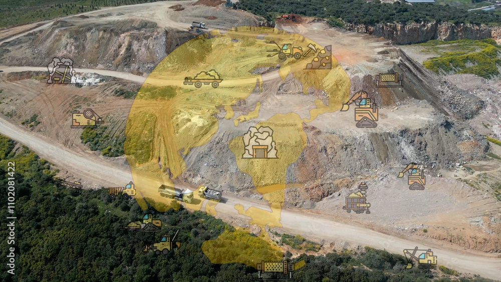 aerial view shot mining, dumpers, quarrying extractive industry ...