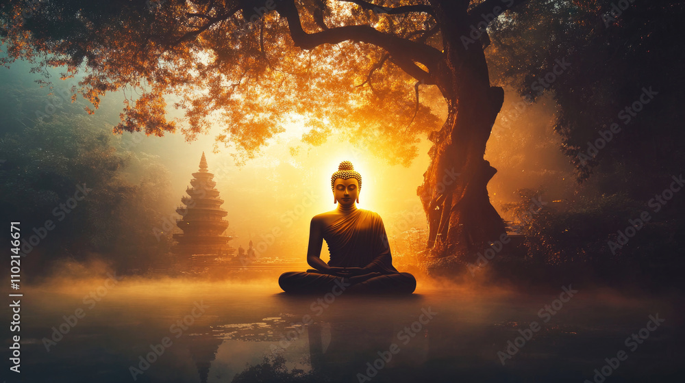Buddha figure sitting under the Bodhi tree in the lotus position ...