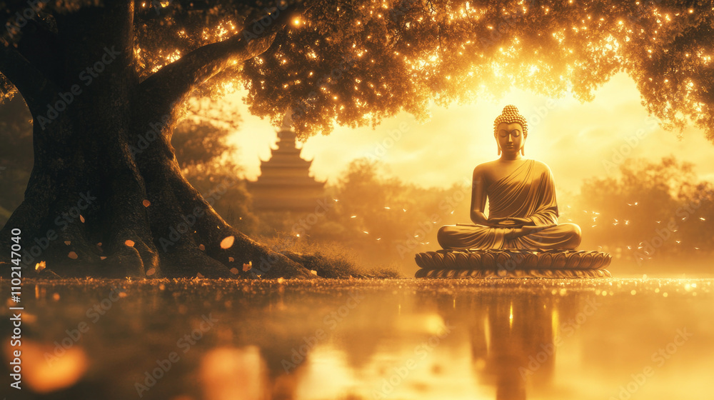 Buddha figure sitting under the Bodhi tree in the lotus position ...