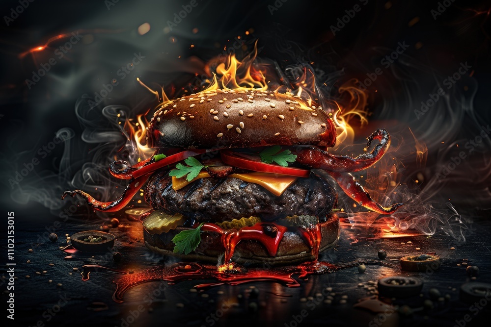Explosive gourmet burger creation urban kitchen food photography ...