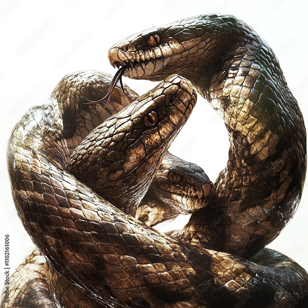 Three snakes intertwined in a circle, with their heads facing the ...