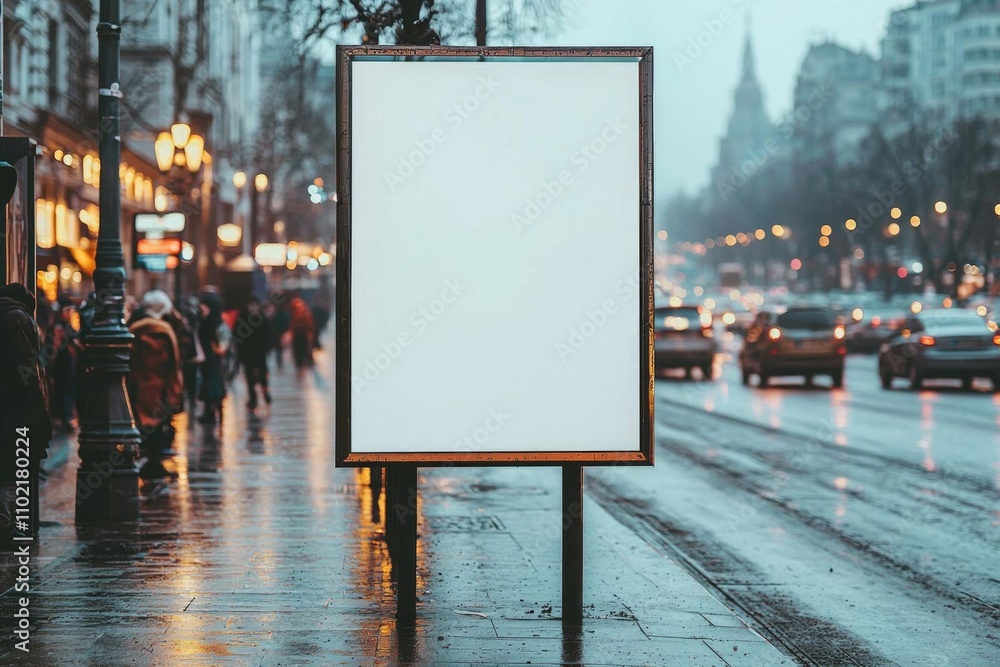 A blank vertical street poster template on a sidewalk in evening urban ...
