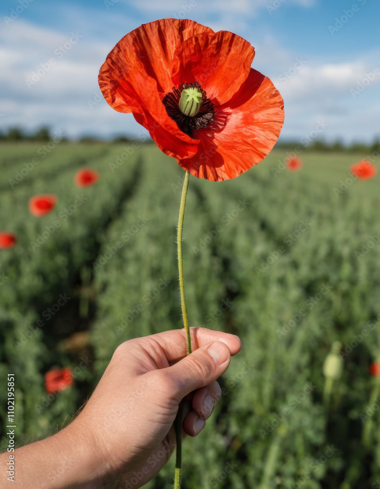Hand holding one red poppy flower. Remembrance Day, Memorial, Armistice ...
