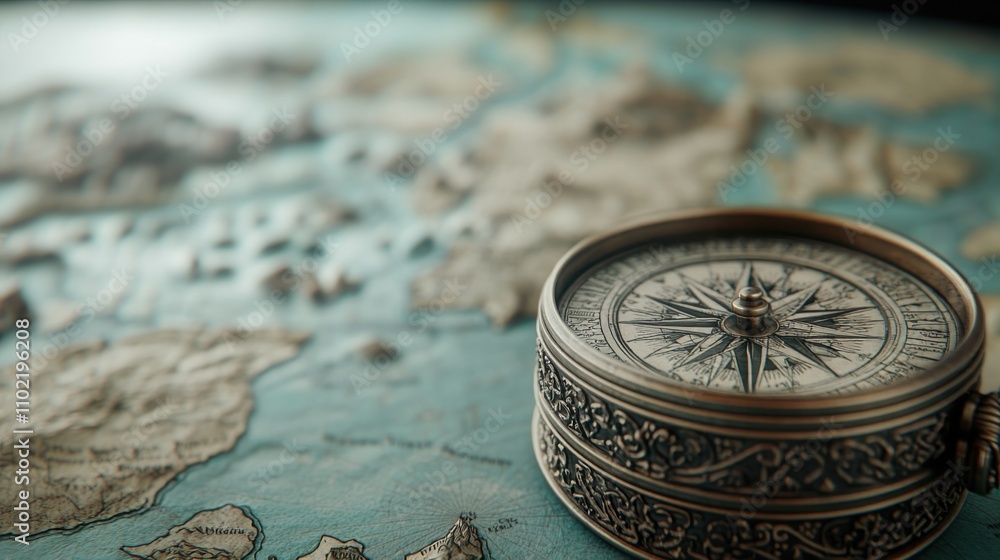 Planning a budget roadmap with a medieval compass and map in a serene ...