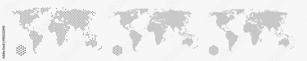 Set of flat earth world maps with hexagonal dots in different ...