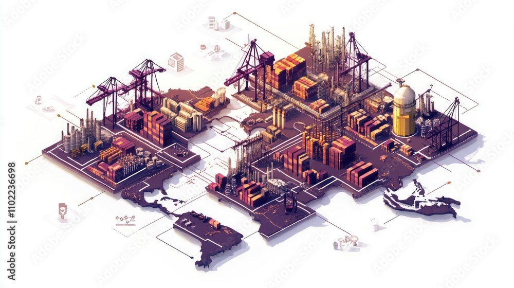 Infographic-style visualization of global supply chains with key nodes ...