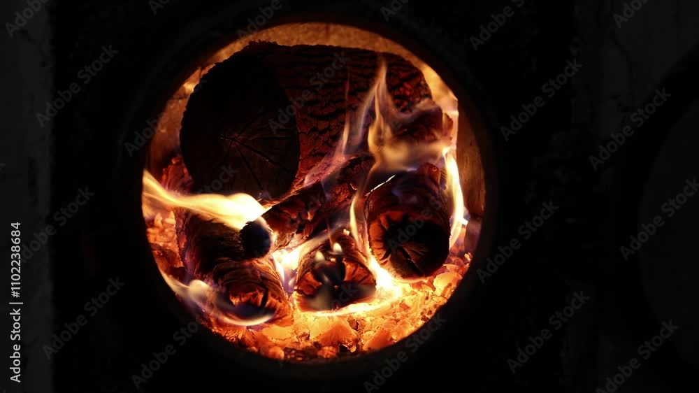 Close-up of burning wood logs inside a furnace with bright flames and ...