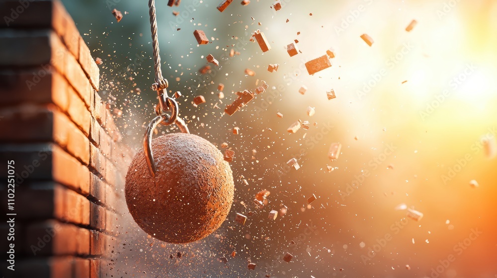 A demolition ball swinging through the air before crashing into a brick ...