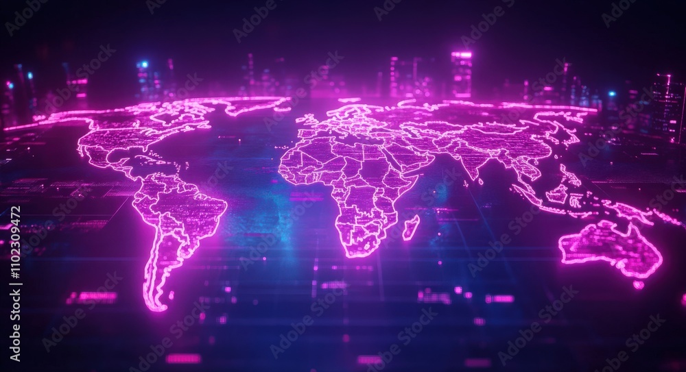 Neon World Map Outline. Creative glowing lights outline of Planet Earth ...