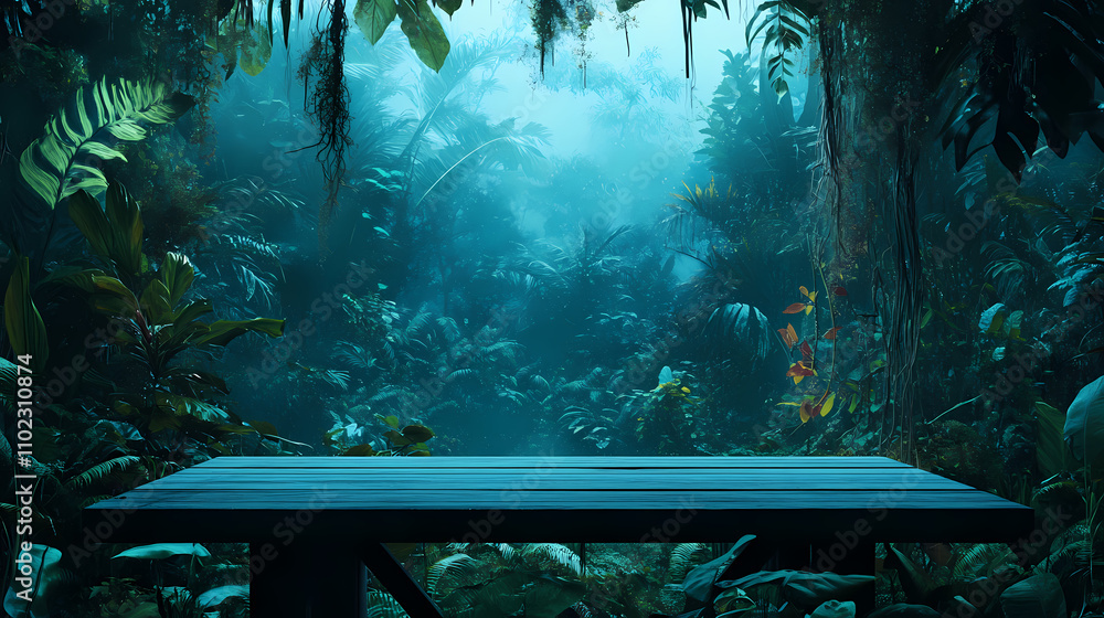 Backdrop de floresta amazonica com uma arara azul ao fundo e mesa feita ...