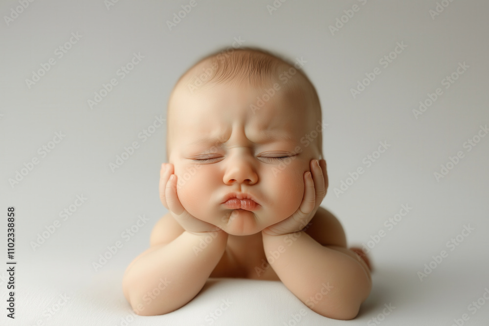 A baby lying on their tummy, propped up by their arms, making a ...