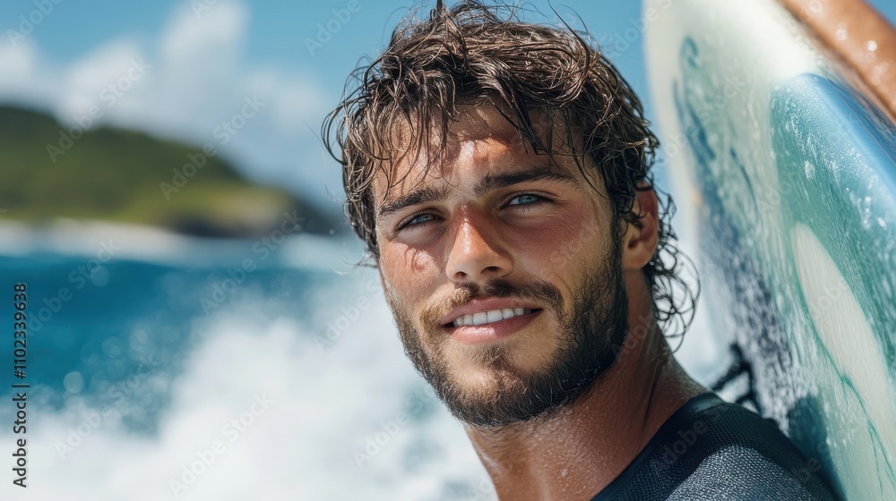 A smiling surfer with tousled hair leans on his surfboard, the ocean ...