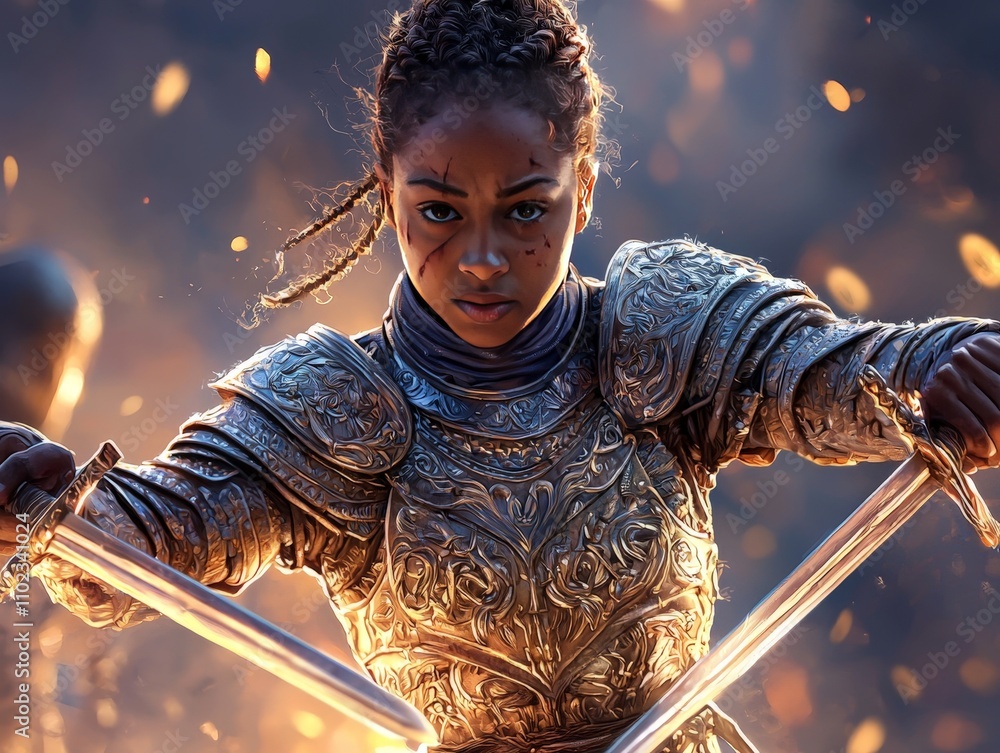 Fierce Female Gladiator Wielding Dual Swords in an Intense Battle Scene ...