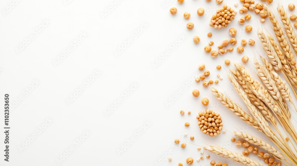 Aesthetic arrangement of golden grains and wheat on a clean white ...