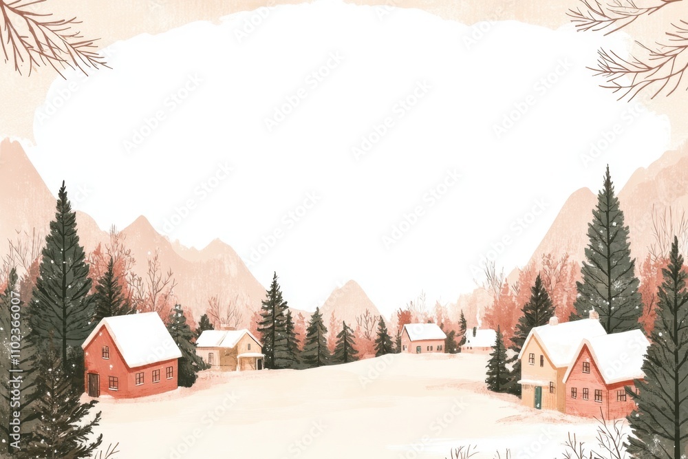 A cute, winter-themed blank letterhead, with pine trees and houses in ...