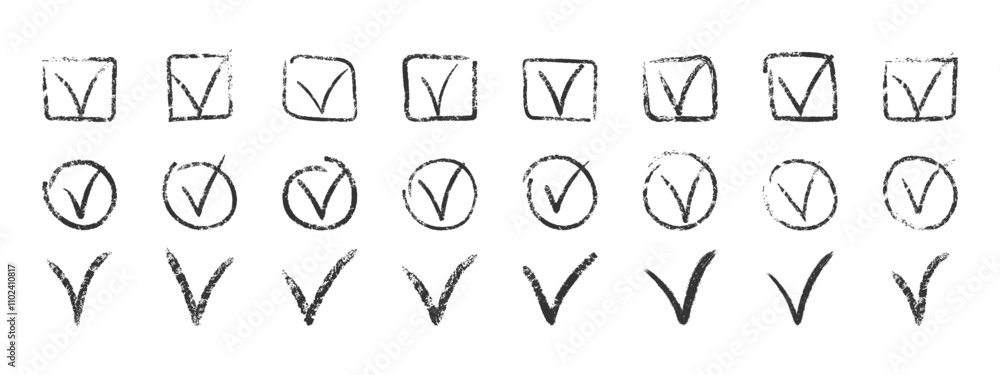 Set of chalk ticks, circle and square. Tick symbol for agree, vote ...