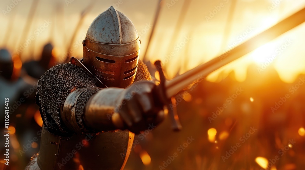 A knight in full armor is depicted with a sword raised, against a fiery ...