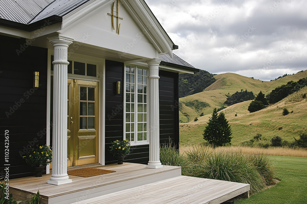 the front porch and entrance to an elegant, modern country house in New ...