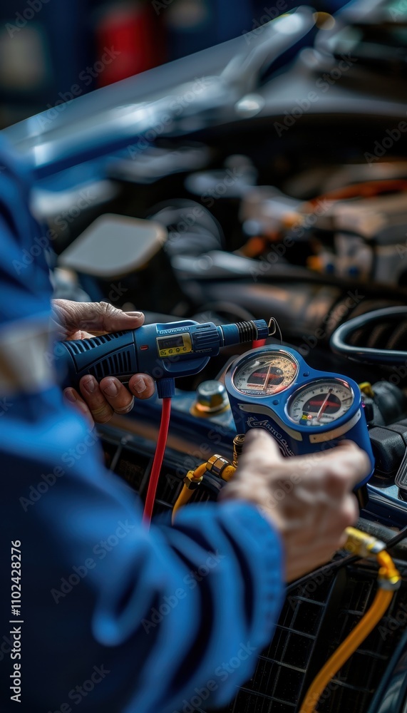 Skilled Mechanic Diagnosing Car AC System in Professional Garage ...