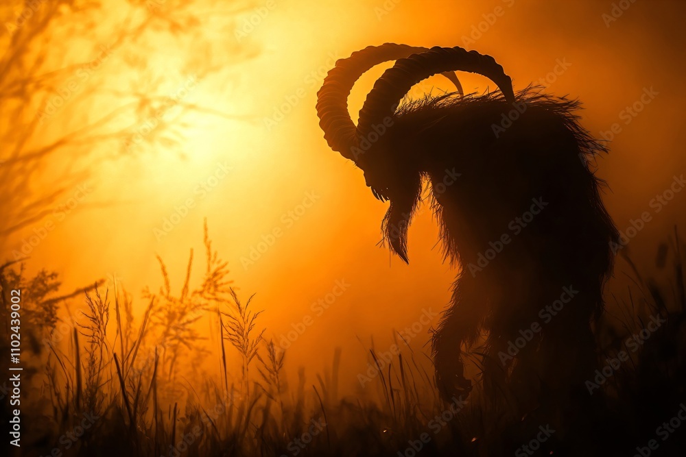 Silhouette of krampus with goat horns against night dark background ...