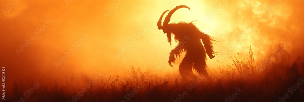Silhouette of krampus with goat horns against night dark background ...