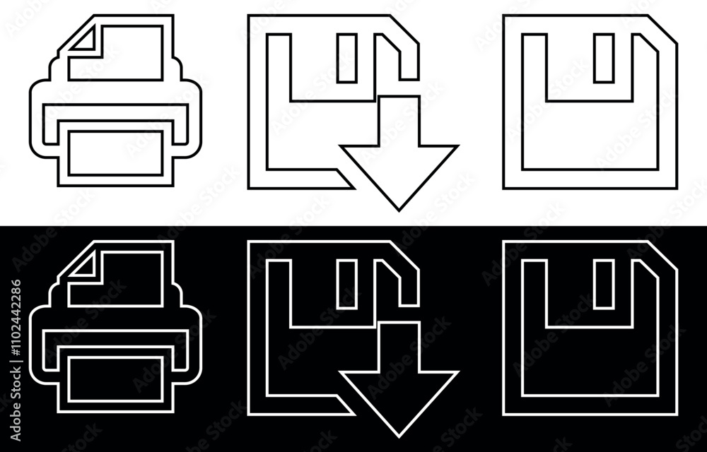 Set of Outline Essential File Operation Icons. Print, Download, and ...
