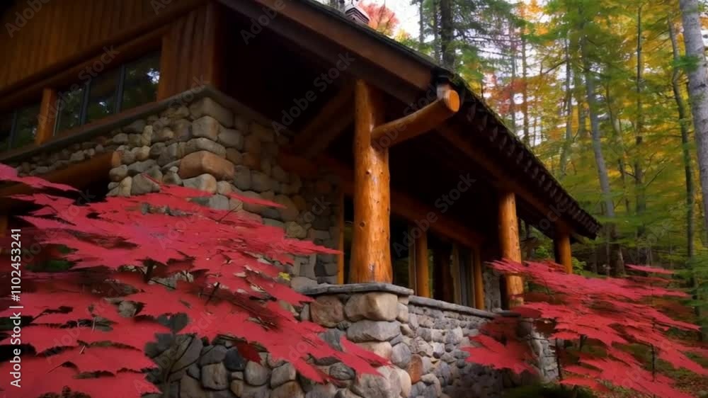 A cozy cabin in the woods with a stone exterior and wooden beams. The ...