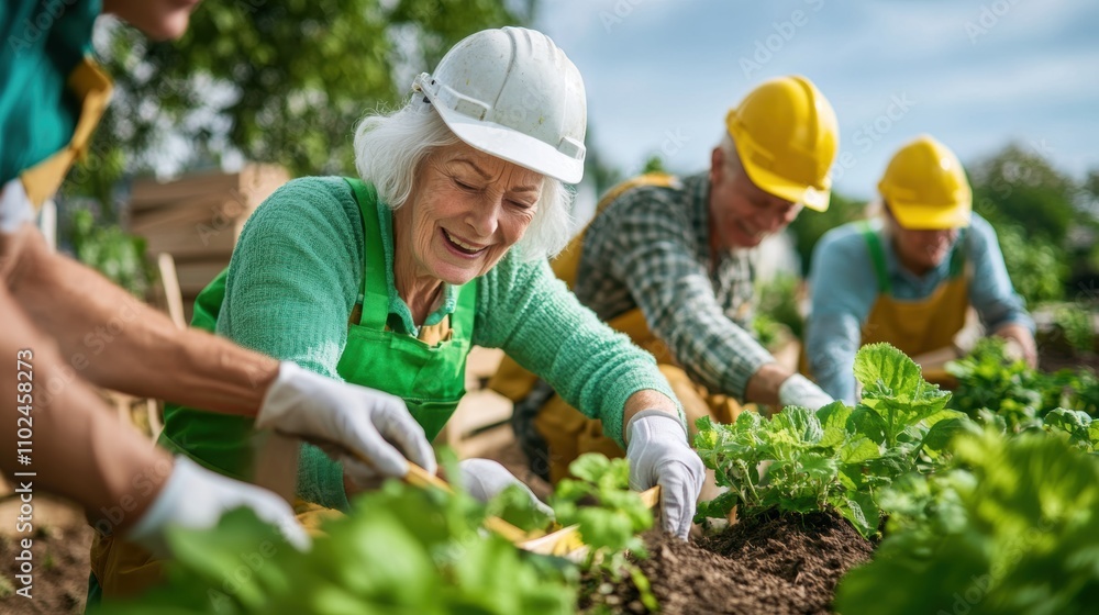 A group of joyful seniors work side by side in a community garden ...