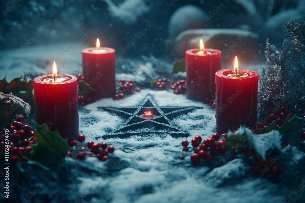 Pagan star shaped symbol with red candles in snowy night winter forest ...