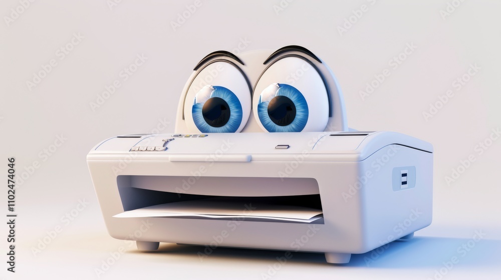 A playful cartoon printer with big blue eyes and a smiling expression ...