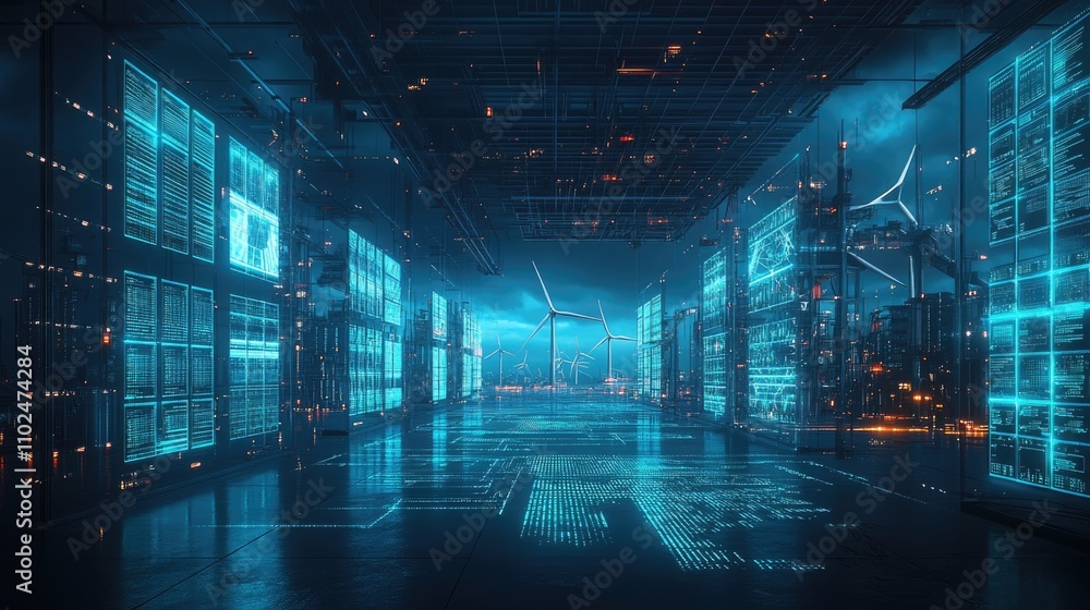futuristic wind turbines farm or wind power plant with Scada system ...