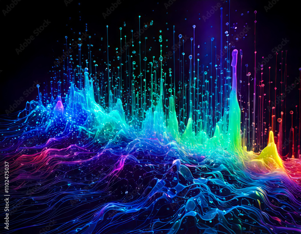 neon-colored light waves with digital peaks on black, creating a tech ...