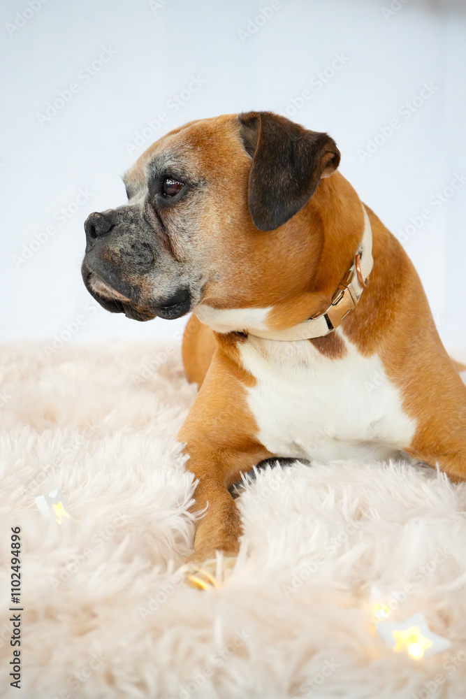 The Boxer is a senior dog with a distinguished gray muzzle, a sleek ...
