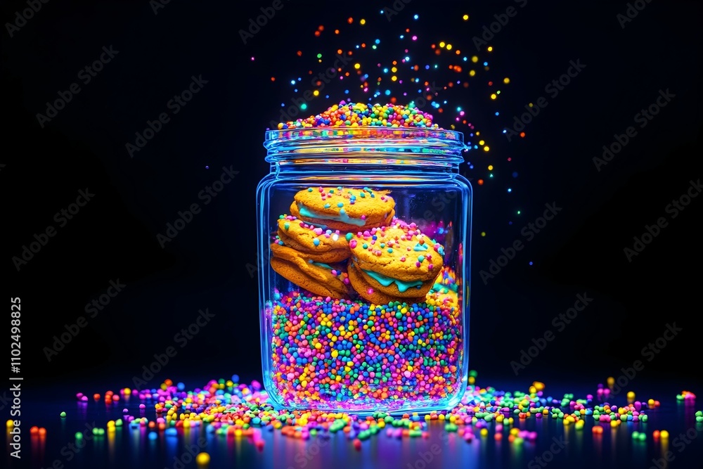 A mesmerizing neon wireframe of a cookie jar overflowing with vibrant ...