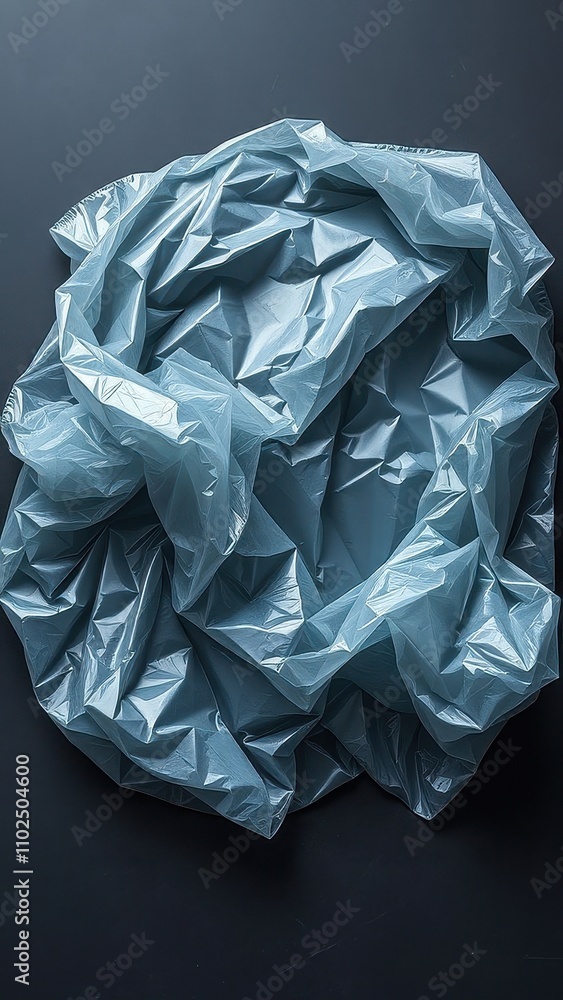 Wrinkled plastic wrap with creases and folds on a dark surface, roll ...