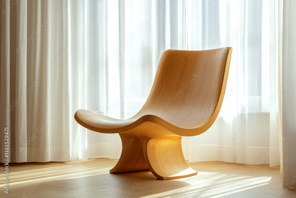 Curved wooden chair sits by softly lit curtains. Concept of modern ...