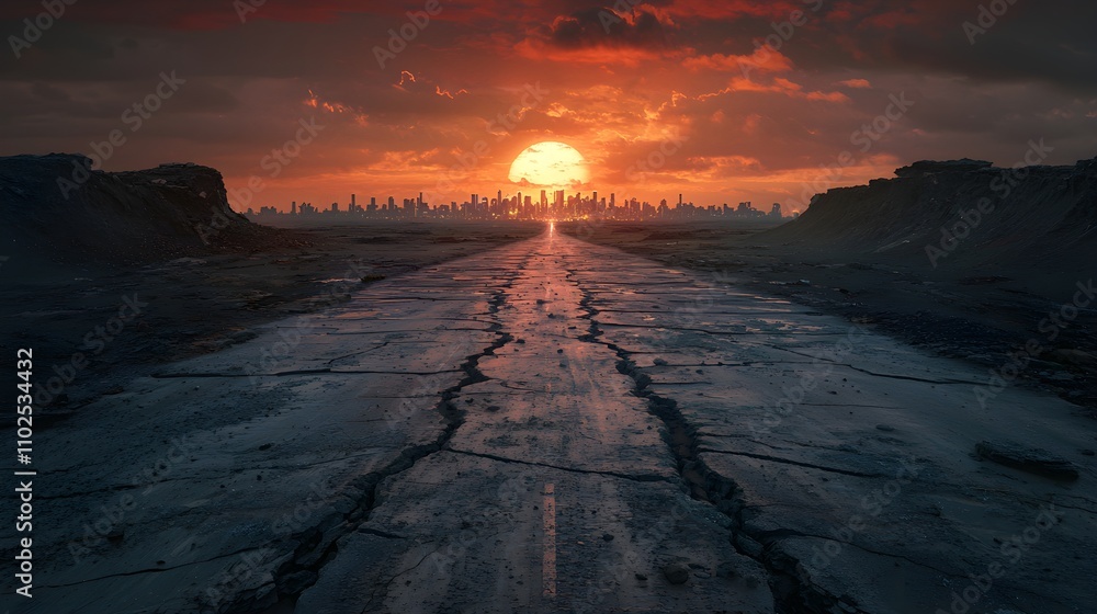 A long, treacherous road with large cracks and dangerous cliffs, yet in ...