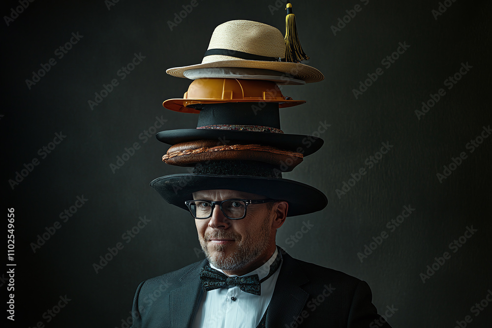 An entrepreneur literally 'wearing many hats', balancing a stack of different hats representing ...