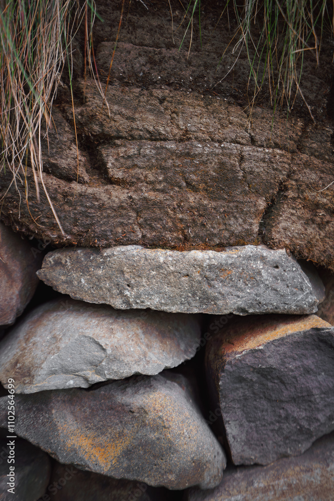 Close-up of the layered structure of an Icelandic sod house wall ...