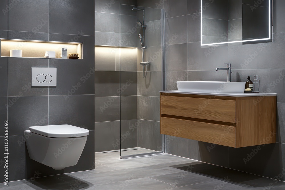 Contemporary bathroom with large format grey tiles, a wall hung toilet ...