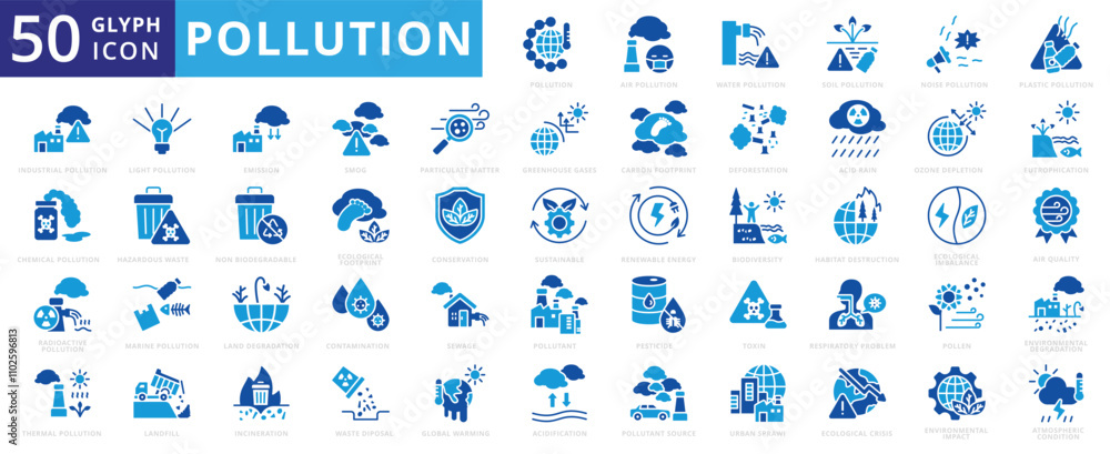 Pollution icon set water, light, plastic, air, marine, soil, pollution ...