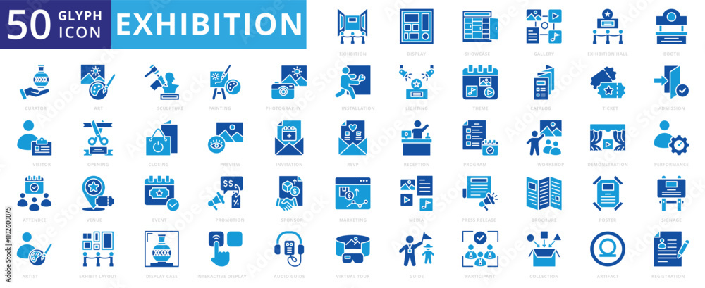 Exhibition icon set with display, showcase, gallery, exhibition hall ...