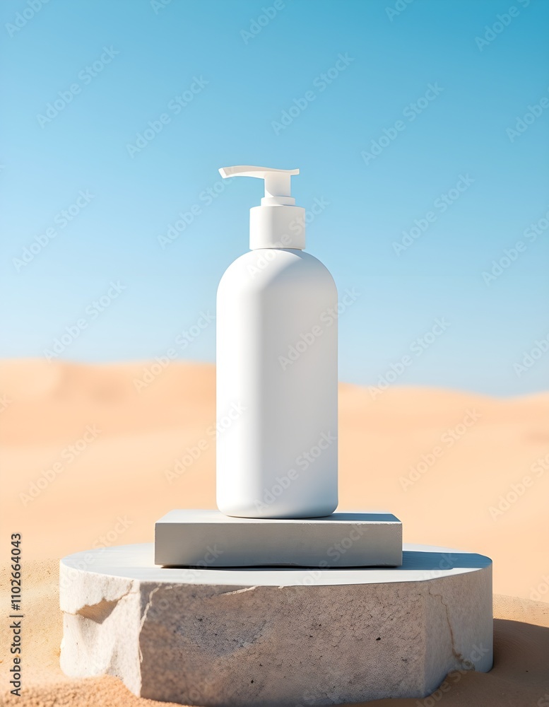 Front view of a white cosmetic bottle without label displayed on gray ...