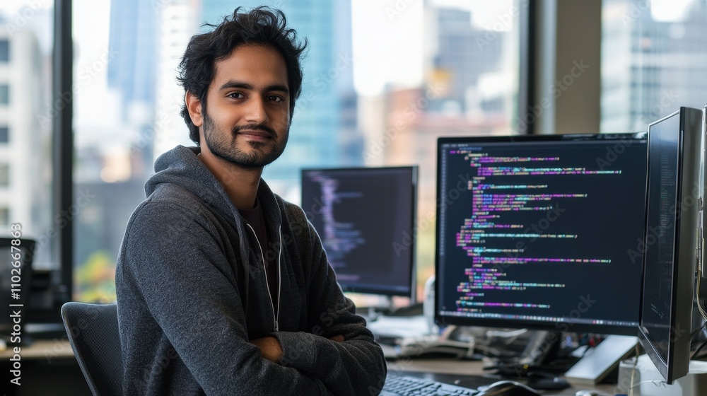 A young male software developer poses confidently in a modern office ...