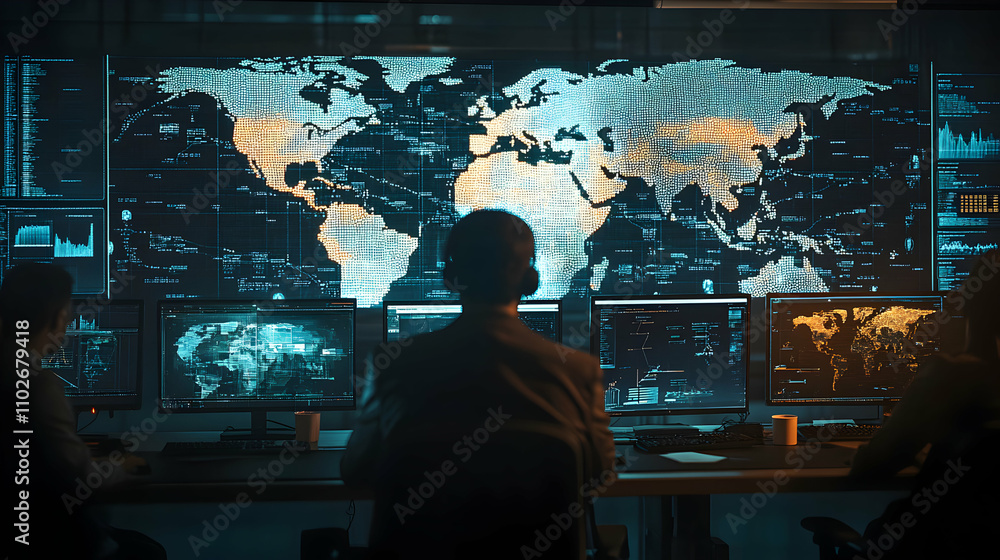 Global Network Monitoring Analysts Observe Data Streams On World Map