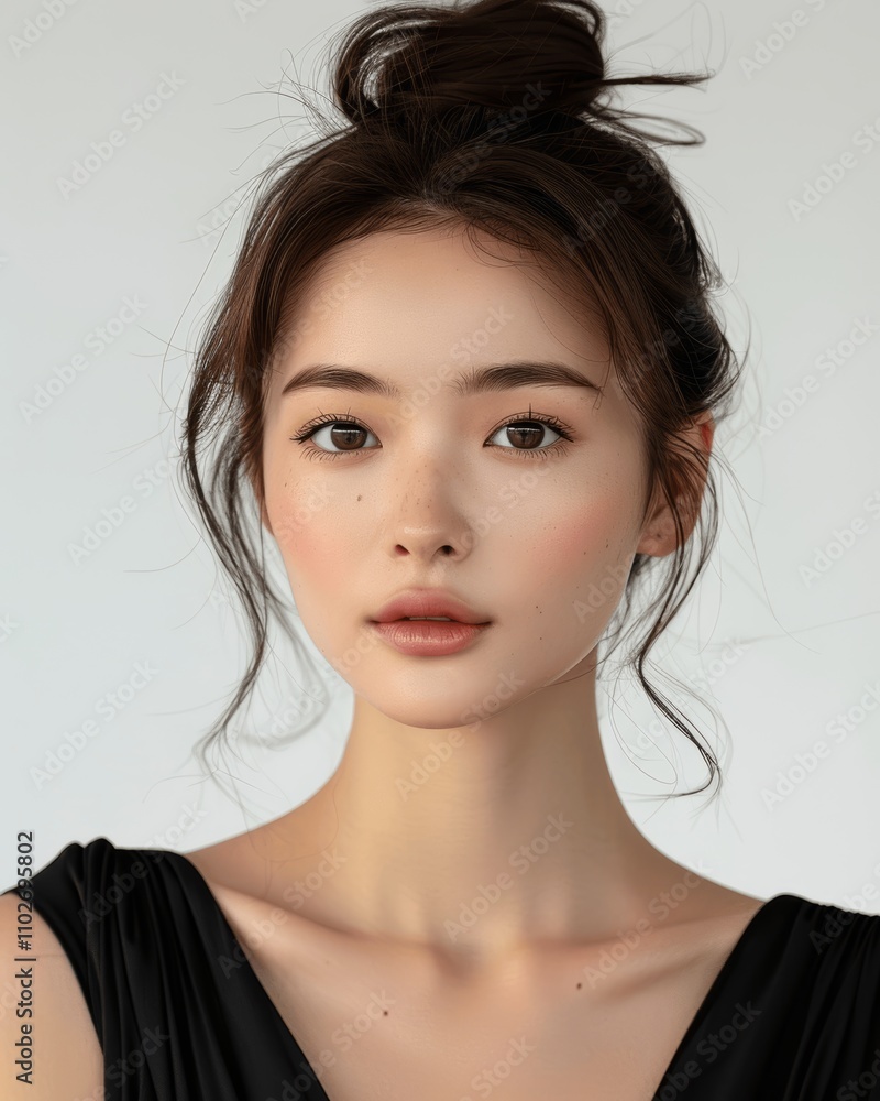 Portrait of a Beautiful Chinese Woman with Updo Hairstyle in Black Top ...